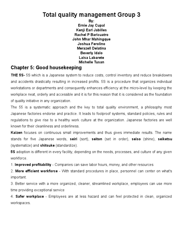 Total Quality Management Group 3 | PDF | Benchmarking | Housekeeping