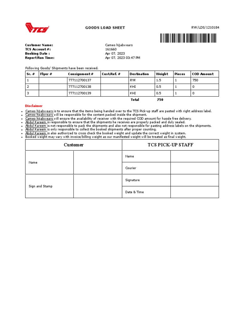 Customer Tcs Pick-Up Staff: Goods Load Sheet | PDF