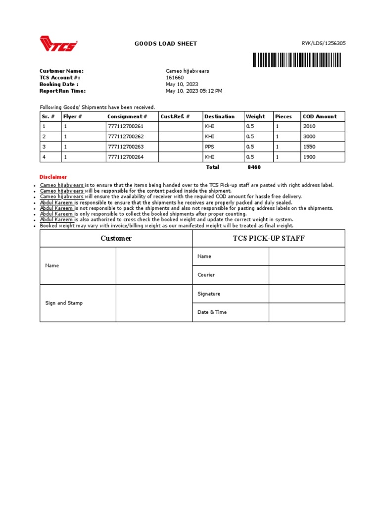 Customer Tcs Pick-Up Staff: Goods Load Sheet | PDF | Freight Transport ...