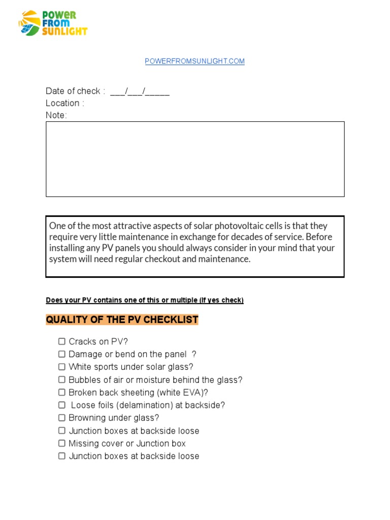 Solar Panel Maintenance Checklist PV PDF | PDF | Photovoltaics ...