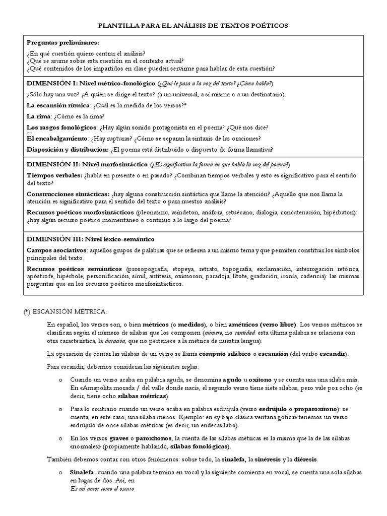 Plantilla para El Análisis de Textos Poéticos | PDF | Sílaba | Metro ...