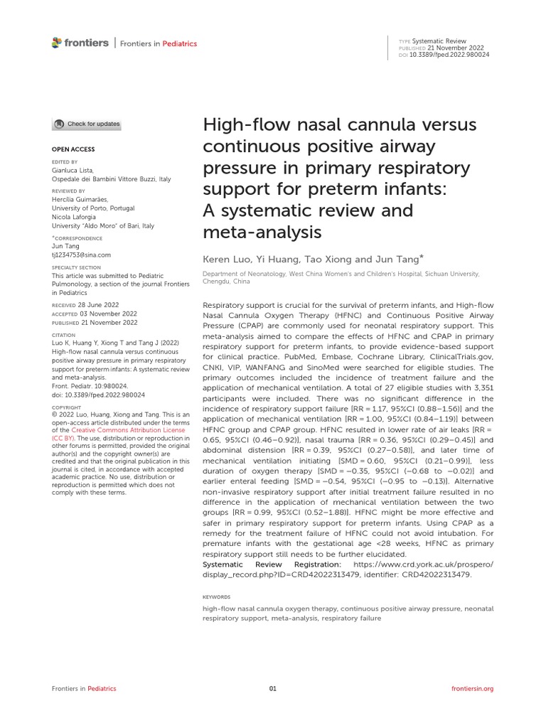 High Flow Nasal Cannula Versus Continuous Positive Airway Pressure ...