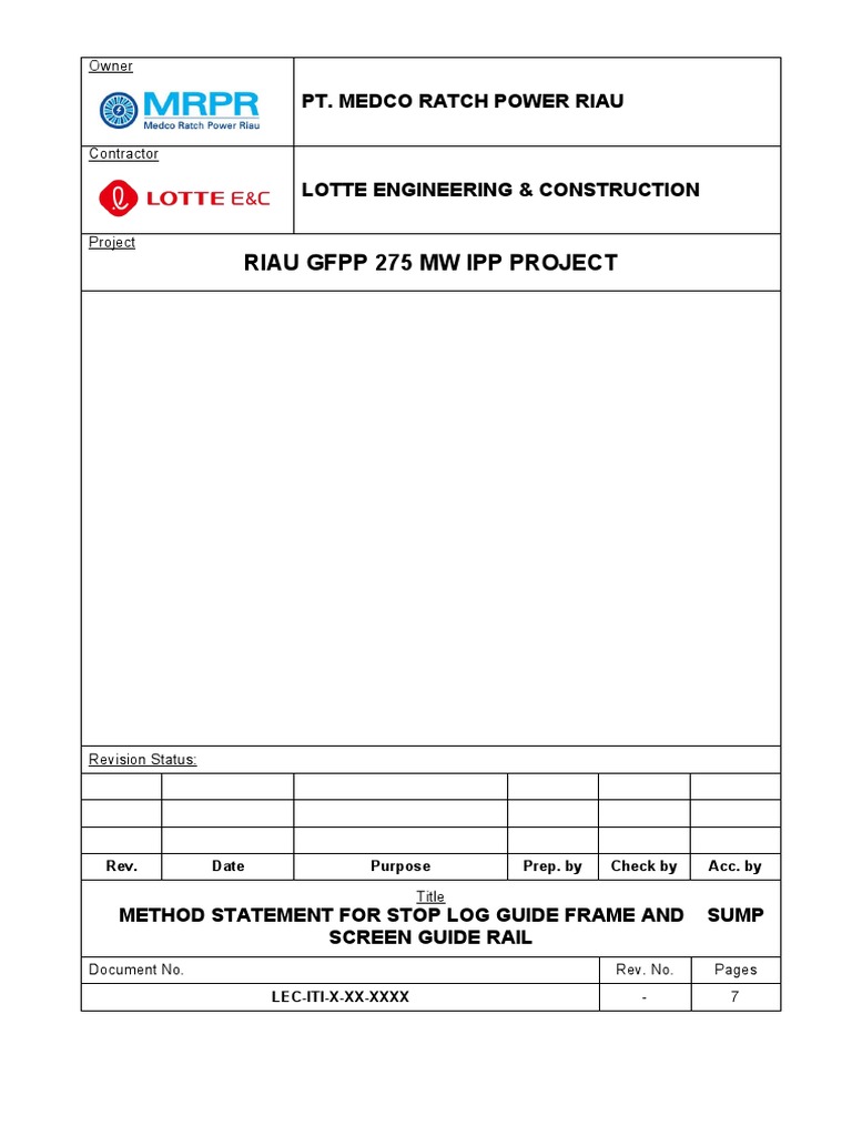 Method Statement For Cooling Tower Frame Sump Screen and Stop Log | PDF | Power Station ...