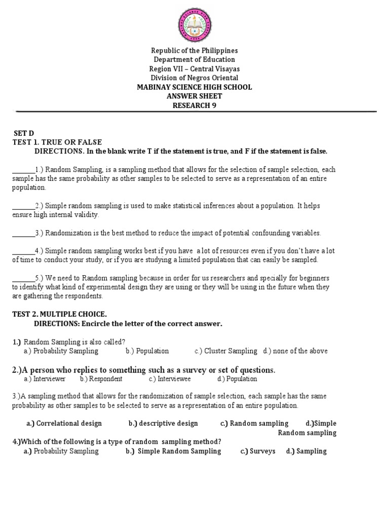 Set D Answer Sheet | PDF | Sampling (Statistics) | Survey Methodology