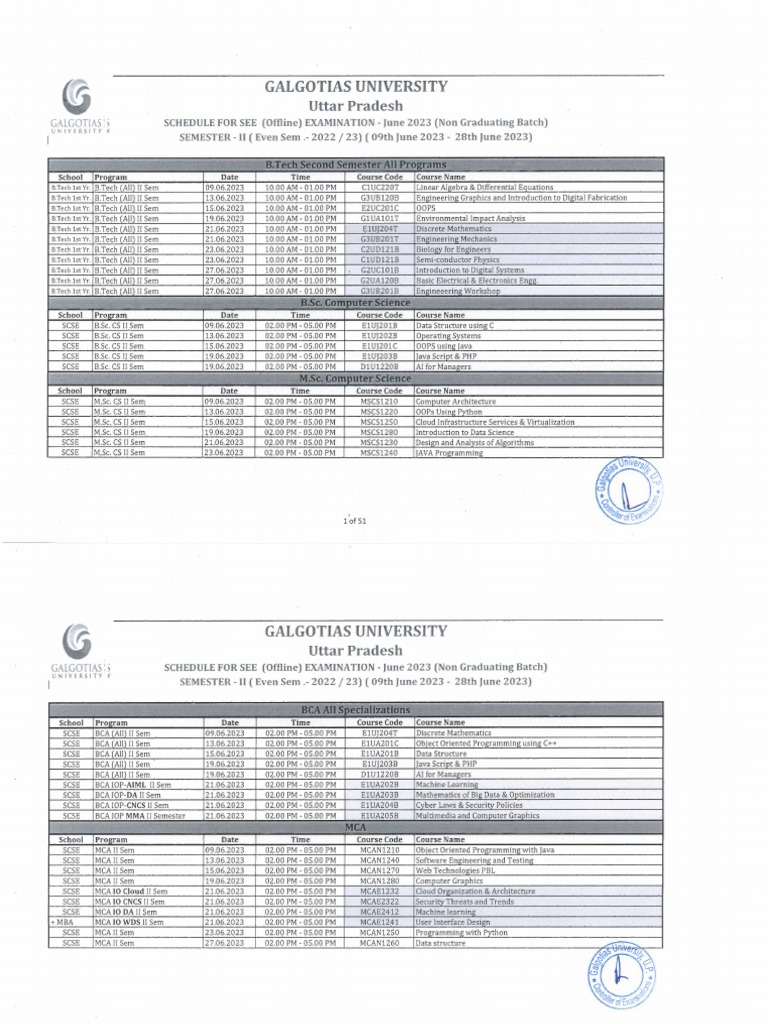 Datesheet Semester End Examination Non Graduating Batch Even