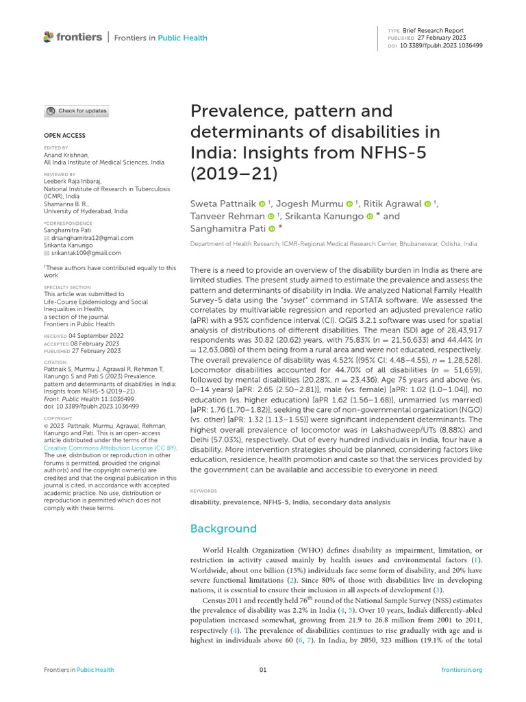 Prevalence, Pattern and Determinants of Disabilities in India: Insights ...