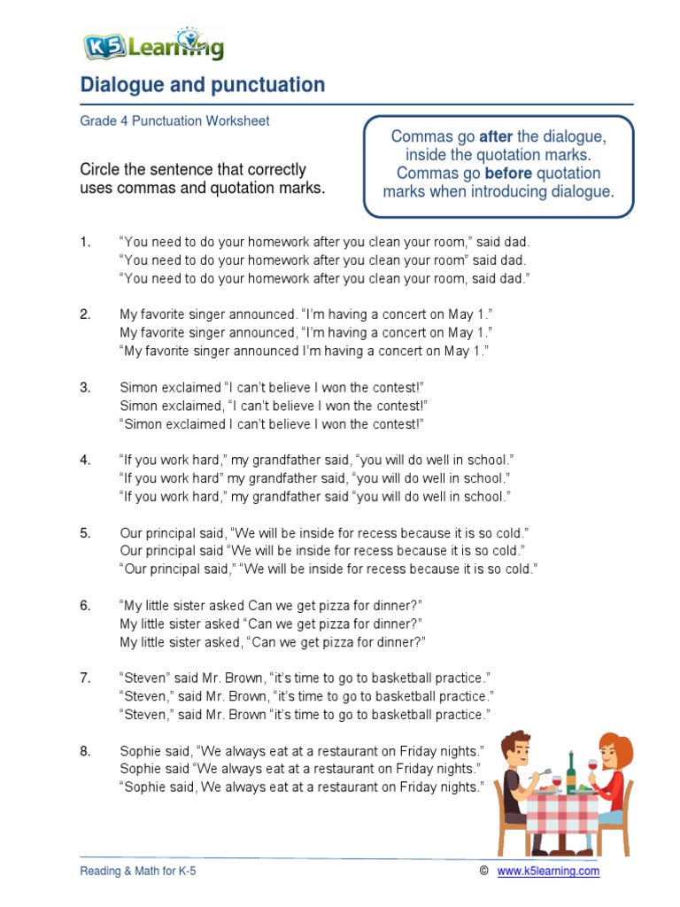 Grade 4 Dialogue Punctuation Worksheet | PDF | Cooking, Food & Wine ...