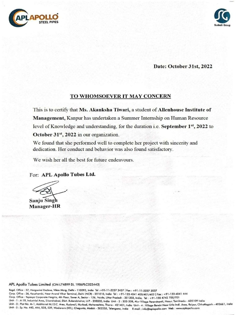 APL Apollo Intership Certificate | PDF