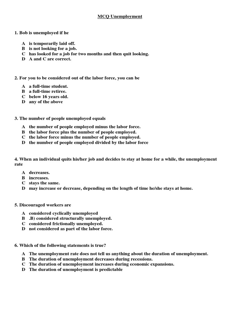 Tutorial 8 MCQ Question | PDF | Unemployment | Labour Economics