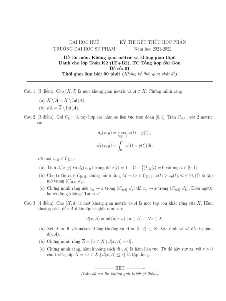 ĐỀ THI KHÔNG GIAN METRIC VÀ KHÔNG GIAN TÔPÔ | PDF