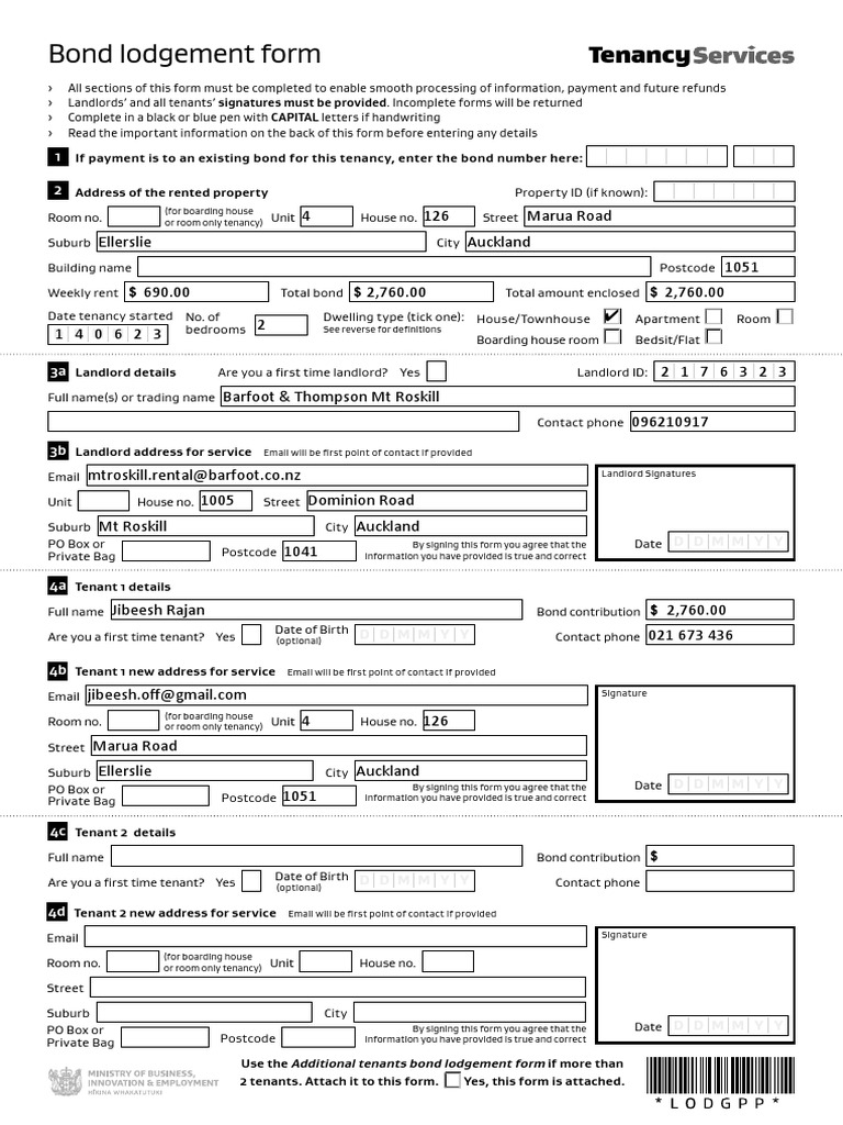Bond Lodgement Form Ssmple | PDF | Leasehold Estate | Landlord
