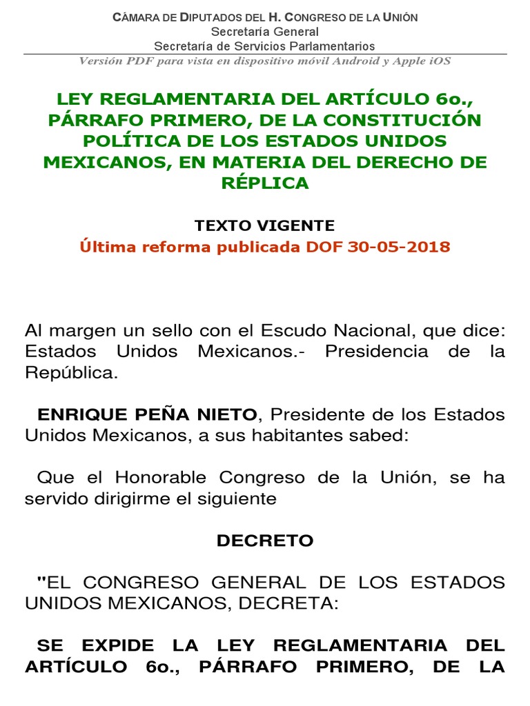 Ley Reglamentaria Del Articulo 6o Parrafo primero-Materia-Derecho de ... Ley Reglamentaria Del Articulo 6o Parrafo primero-Materia-Derecho de ...