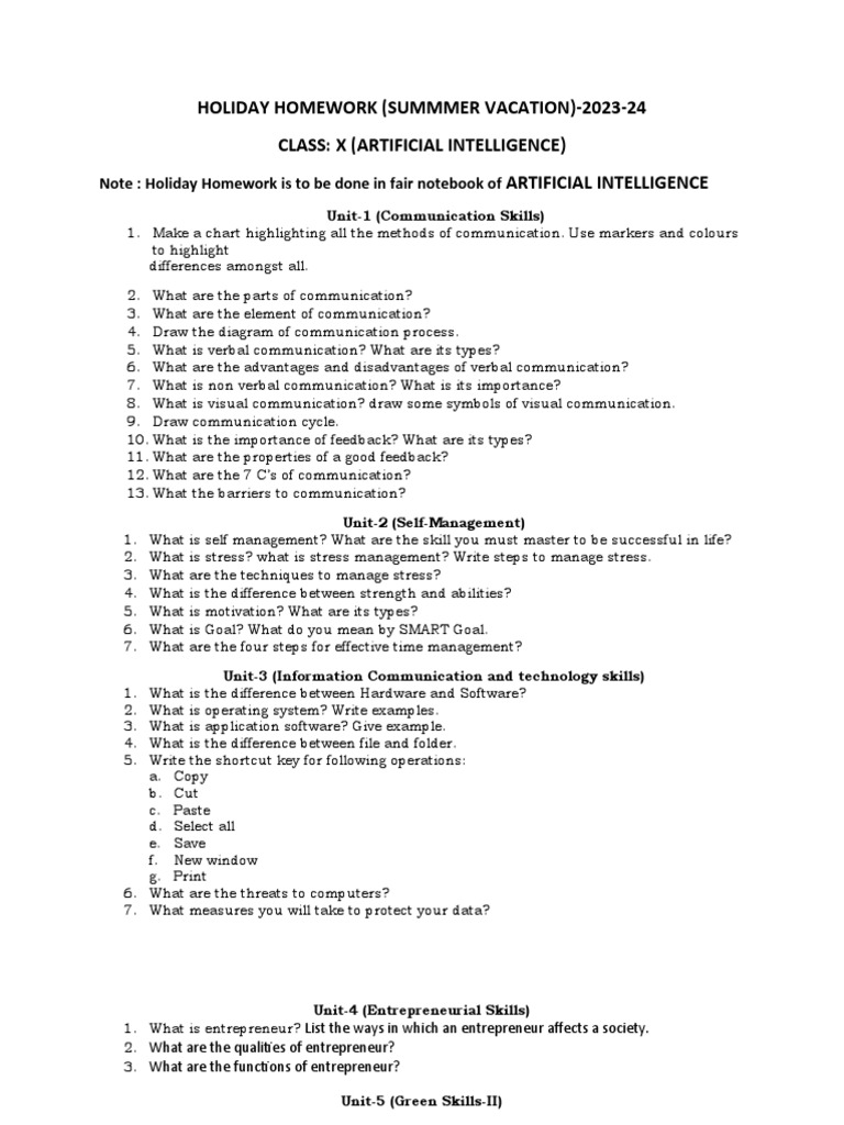 AI Holiday Homework for Class 10 | PDF | Communication | Artificial ...