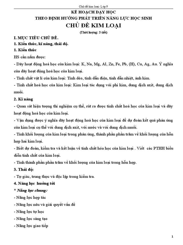 Bai Soan Chu de Kim Loai Hoa Hoc 9 | PDF