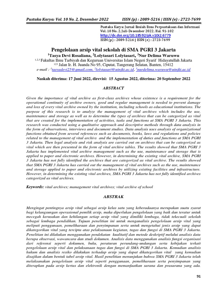 Pengelolaan Arsip Vital Sekolah Di SMA PGRI 3 Jaka | PDF | Information Science | Information ...