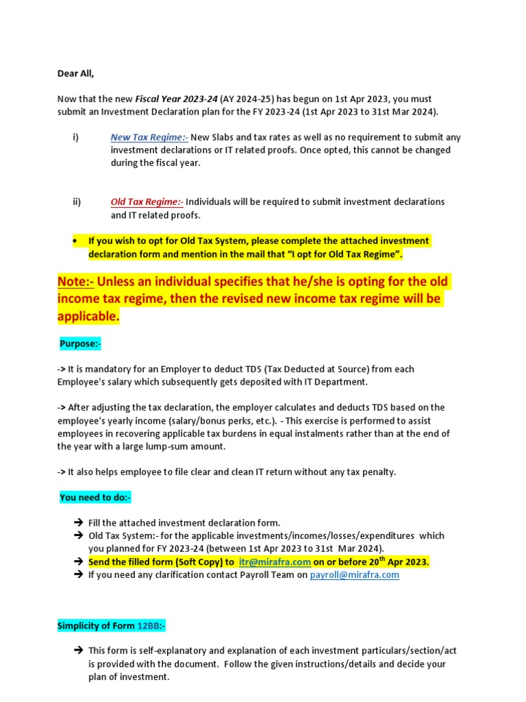 Investment Declaration For Income Tax Calculation For The Financial ...