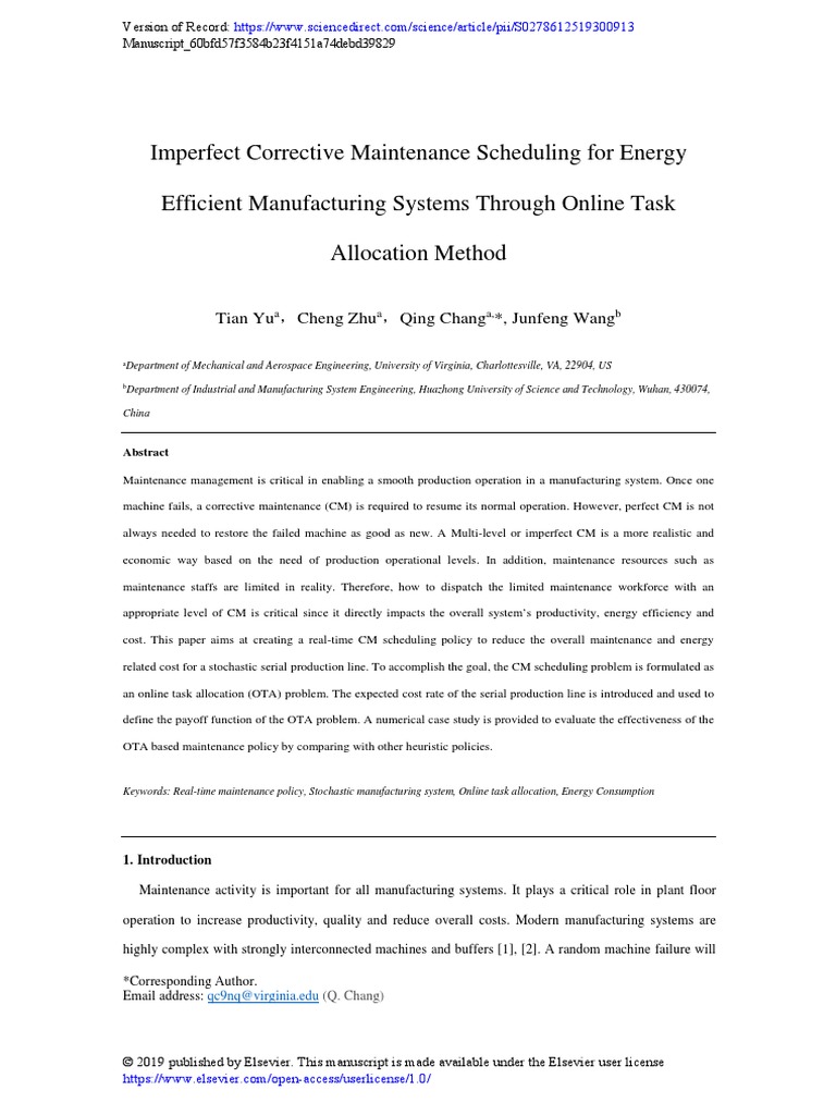 Imperfect Corrective Maintenance Scheduling For Energy Efficient Manufacturing Systems Through ...
