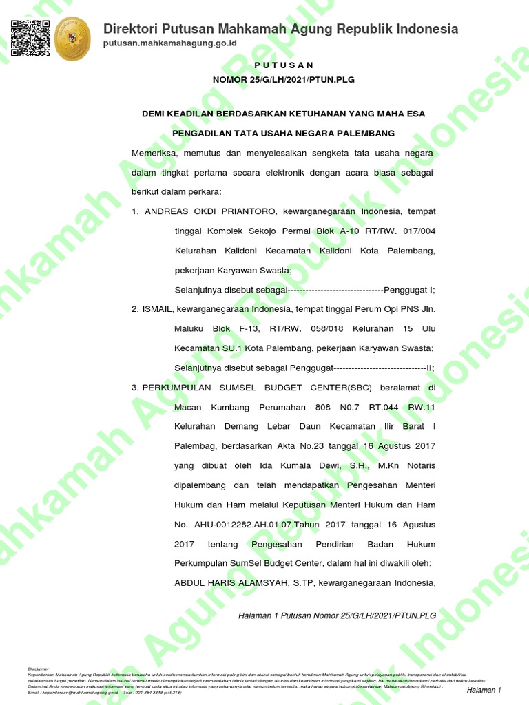 Putusan 25 G LH 2021 Ptun - PLG 20230527160830 | PDF