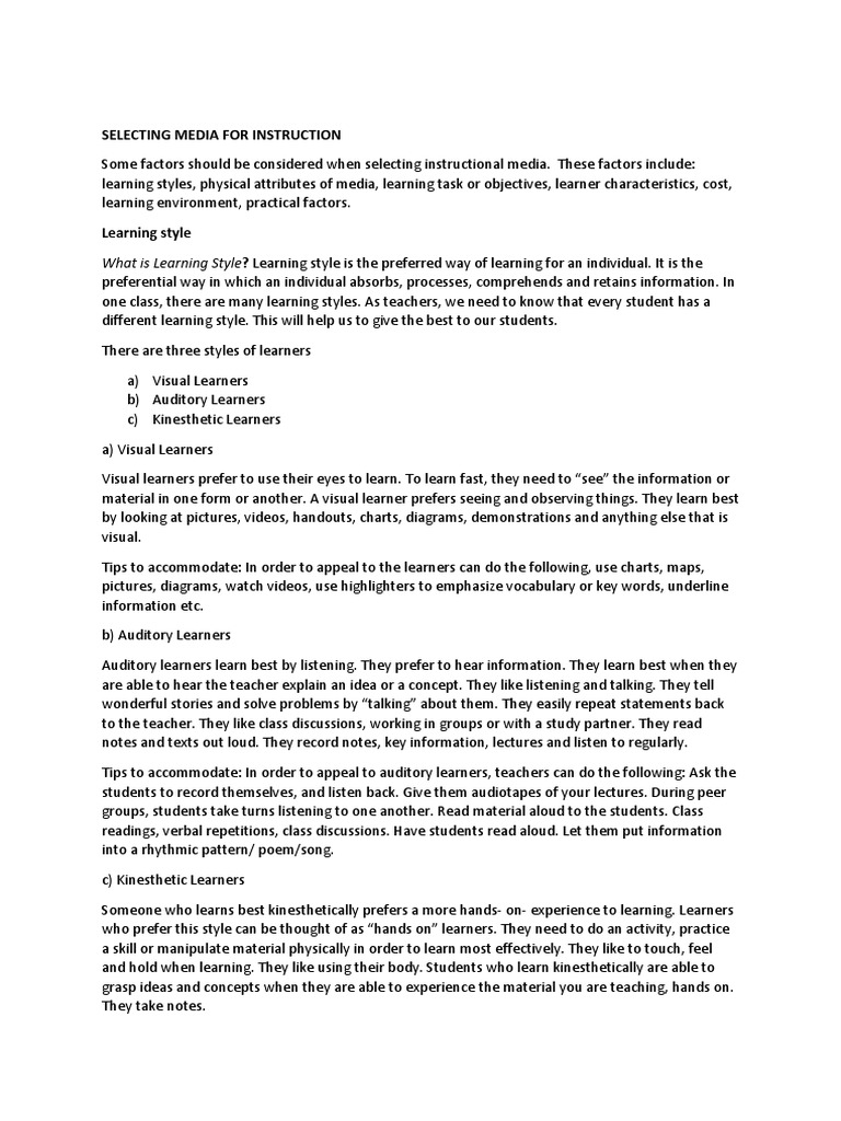 Selecting Media For Instruction | PDF | Learning Styles | Learning