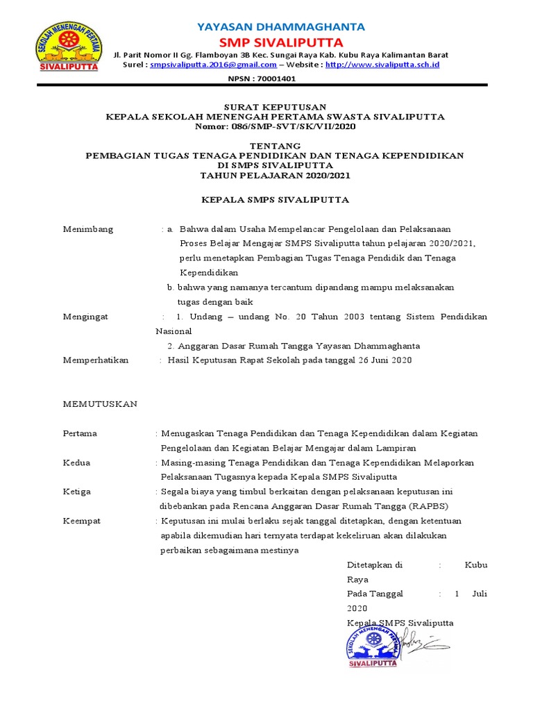 SK Pembagian Tugas 2020 | PDF