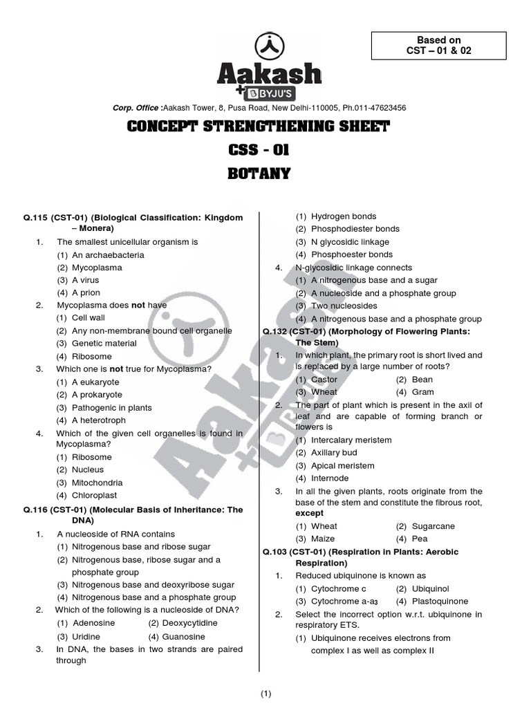 Concept Strengthening Sheet CSS 01 Based On CST 01 & 02 Botany | PDF | Cell (Biology ...