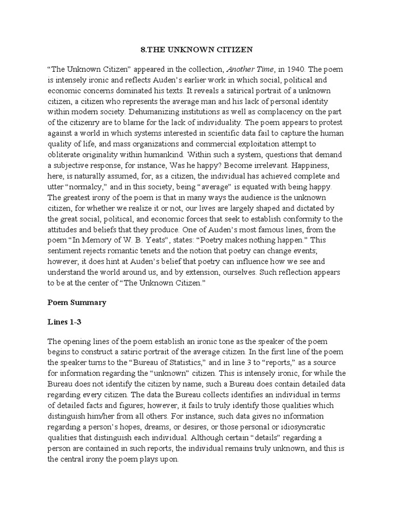 The Unknown Citizen | Download Free PDF | Irony | Poetry