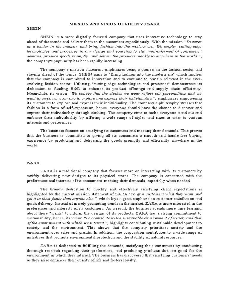 GROUP 7 - Mission and Vision of SHEIN and ZARA | PDF | Customer | Fashion