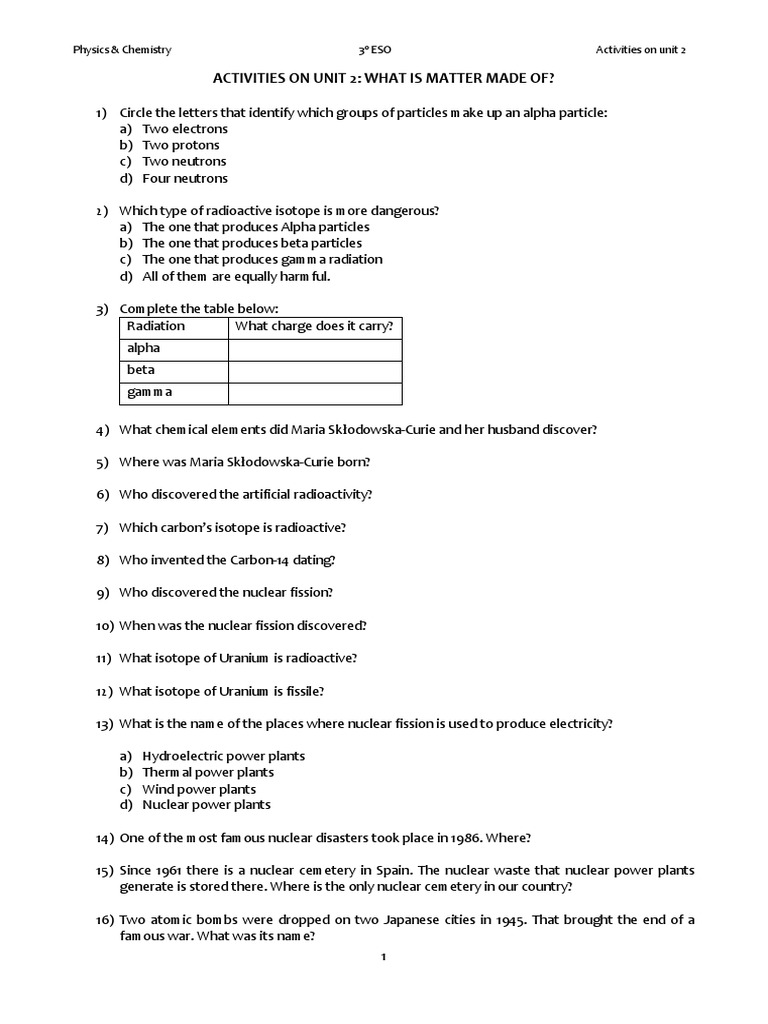 Activities On Unit 2 | PDF | Atoms | Isotope