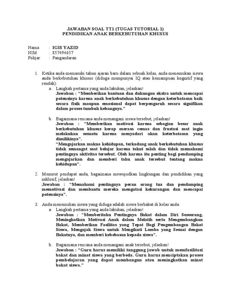 Jawaban Soal TT1 Pendidikan Anak Berkebutuhan Khusus | PDF