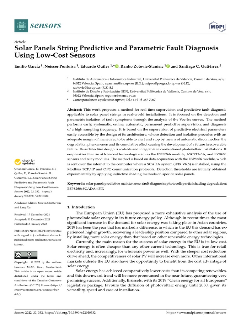Solar Panels String Predictive and Parametric Fault Diagnosis Using Low-Cost Sensors | PDF ...