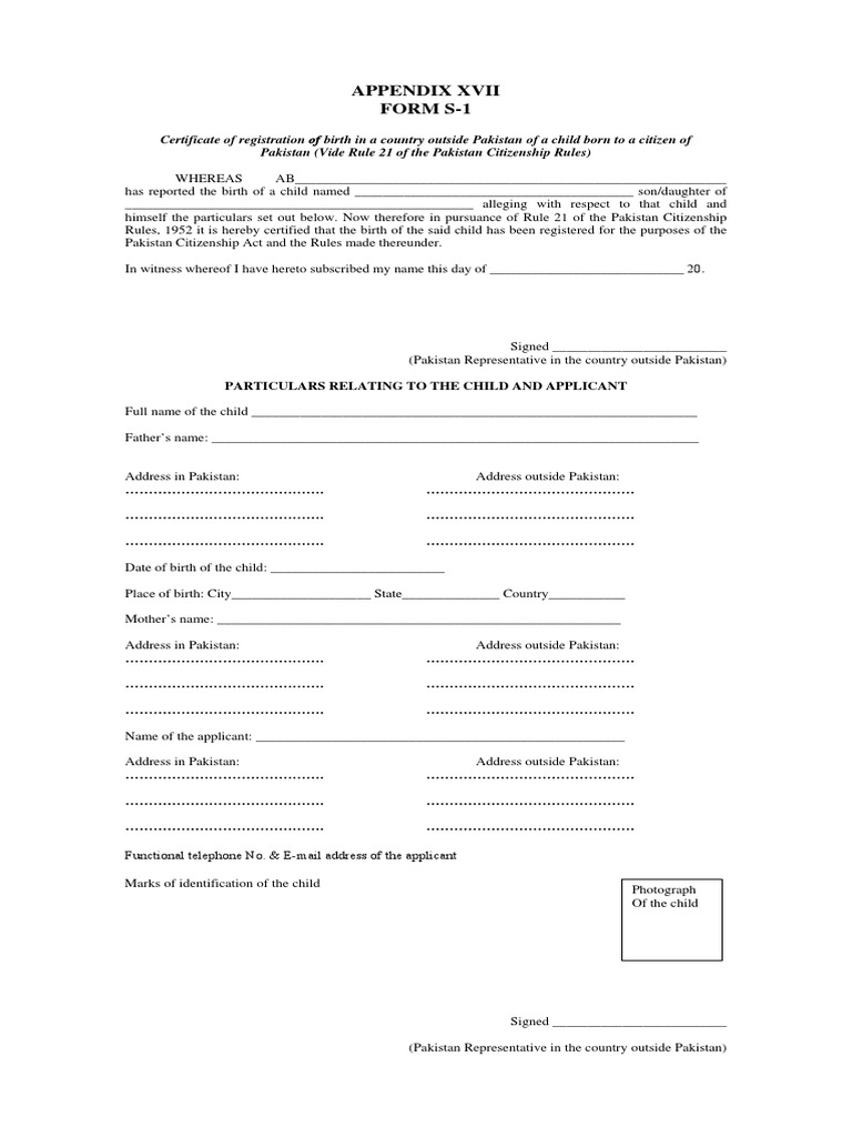 Main Form s 1 Appendix Xvii Certificate Registration Birth in a Country ...