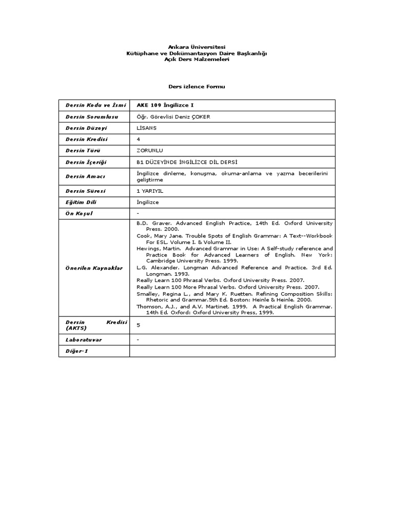 AKE 109 İngilizce I Ders İzlencesi | PDF