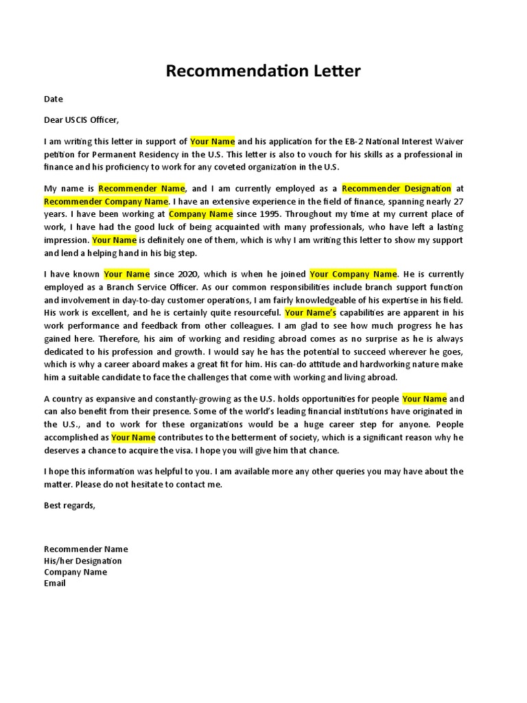 Recommendation Letter. Draft | PDF