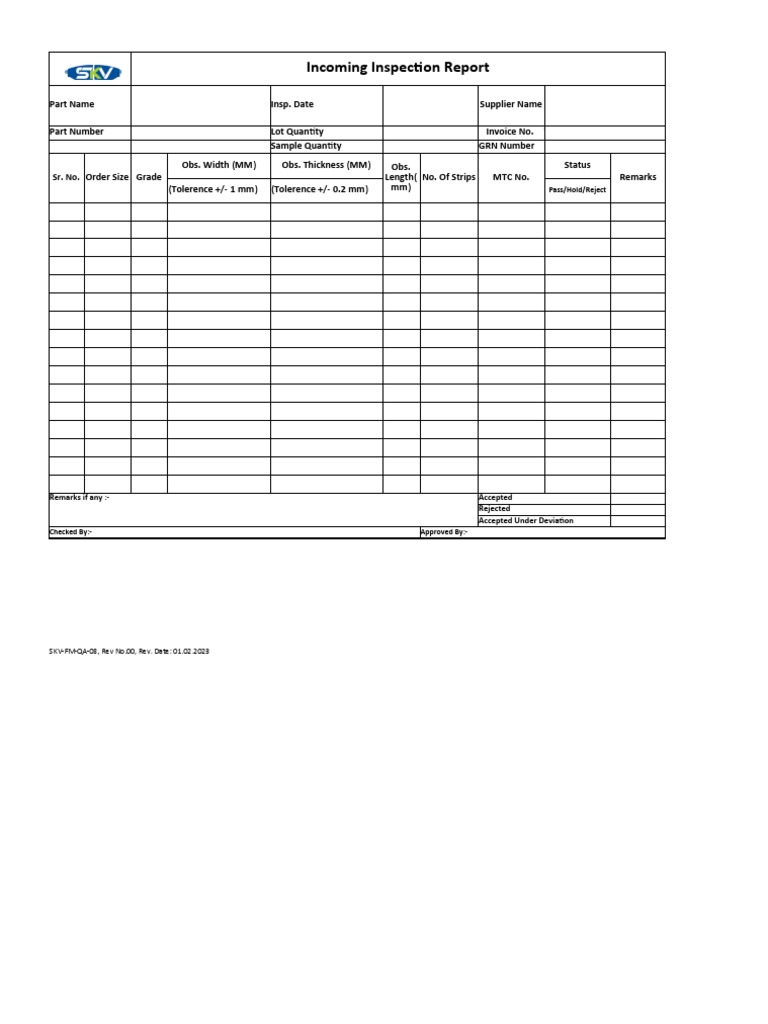 SKV FM QA 08 Incoming Inspection Report | PDF | Statistics | Scientific ... SKV FM QA 08 Incoming Inspection Report | PDF | Statistics | Scientific ...