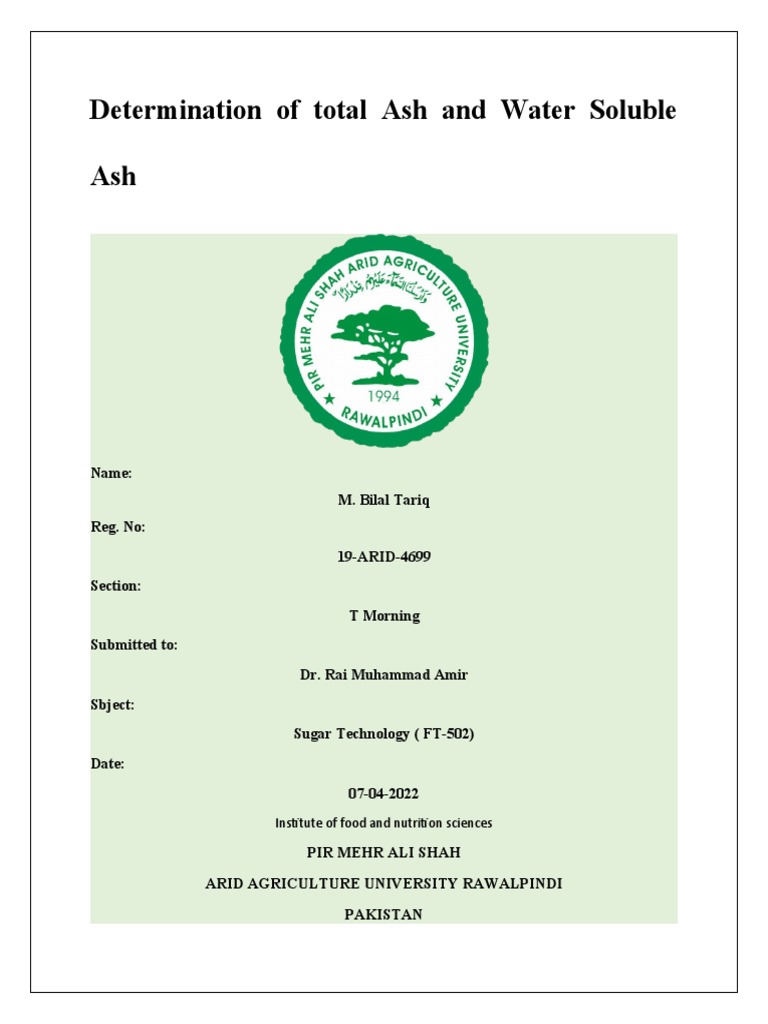 Determination of Total Ash and Water Soluble Ash - M Bilal Tariq | PDF ...