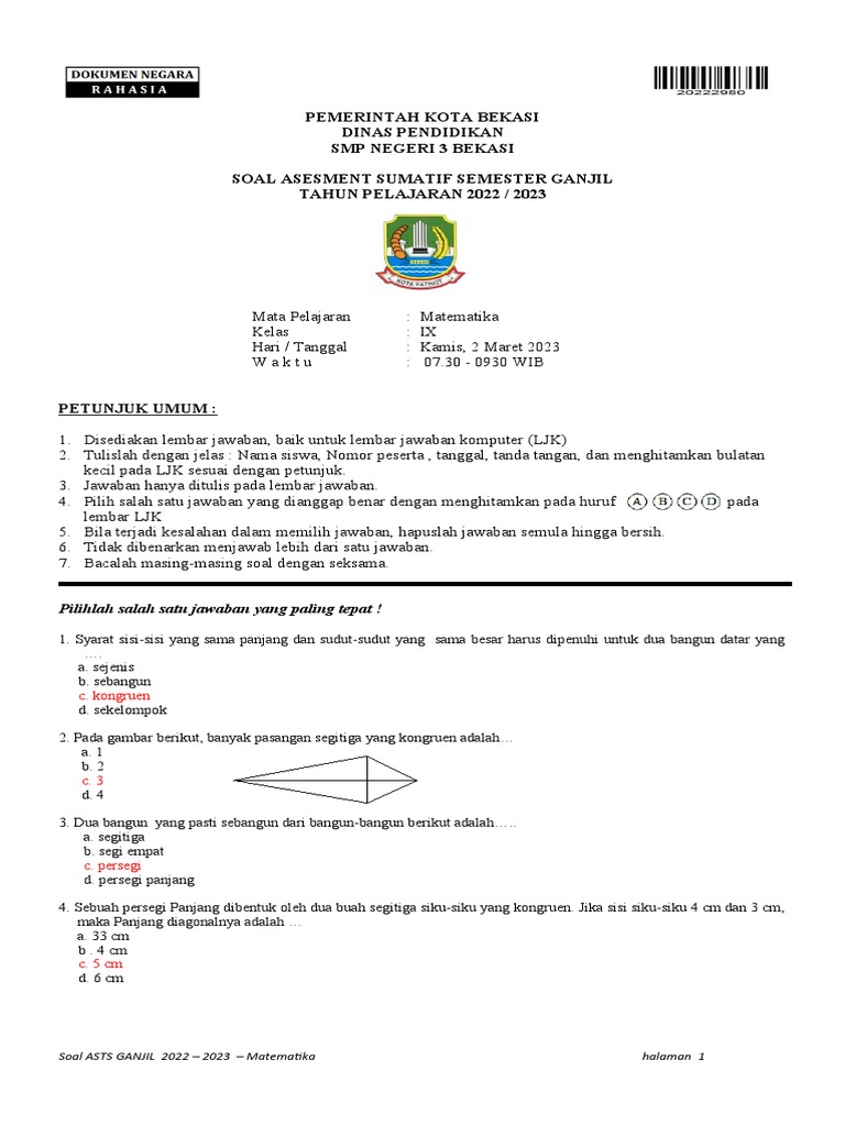 TEMPLATE SOAL ASTS GANJIL 2022 - 2023 Rahasia | PDF