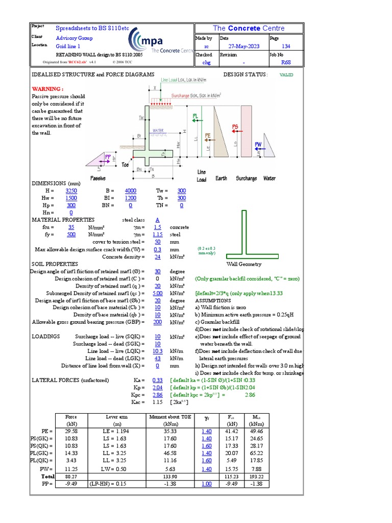 Retaining Wall Design Spreadsheet BS8110 | PDF | Microsoft Excel