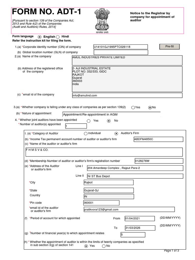 Auditor Appointment Notice Form ADT-1 | PDF | Business