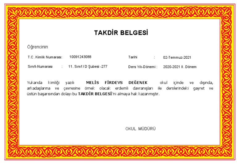 Takdir Belgesi: Öğrencinin | PDF