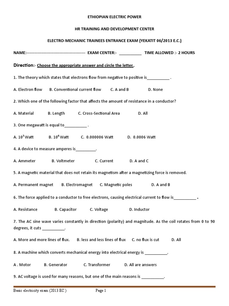 2013 E.C. BASIC ELECTRICITY Entrance Exam For EEP. | PDF | Series And ...