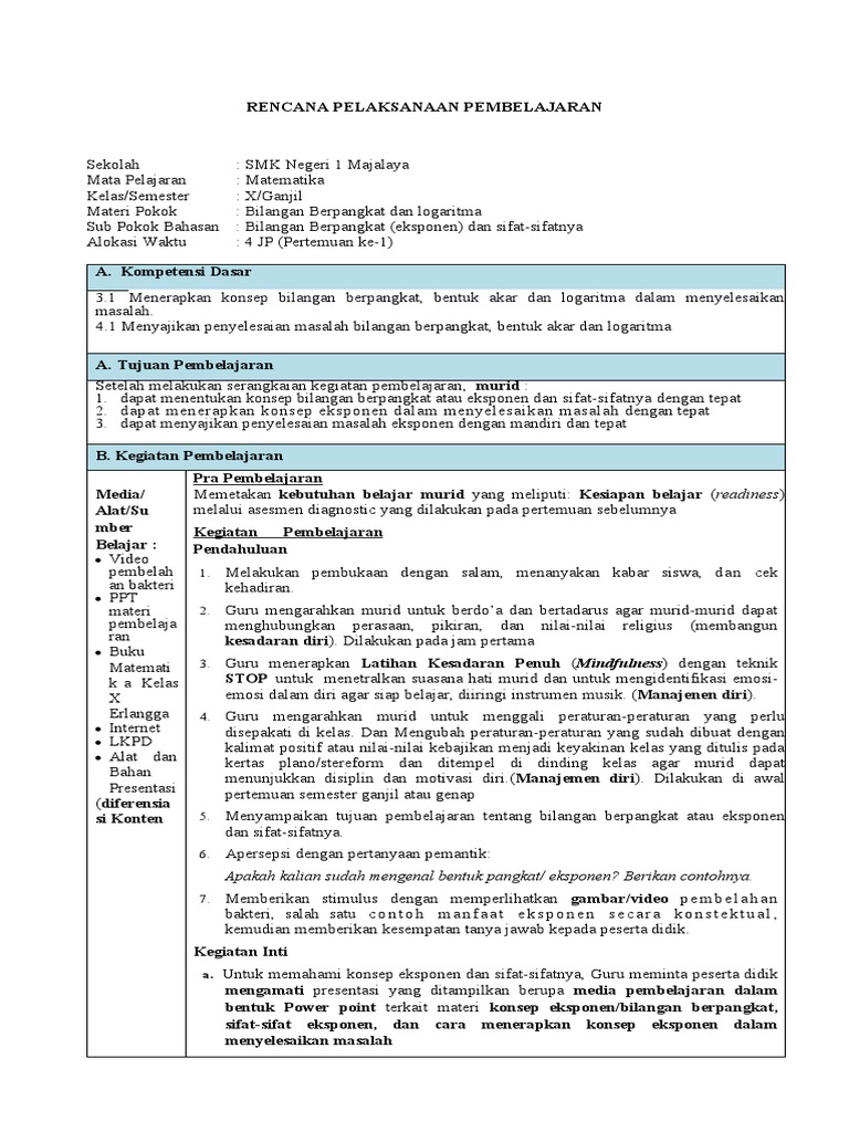RPP Bilangan Berpangkat | PDF