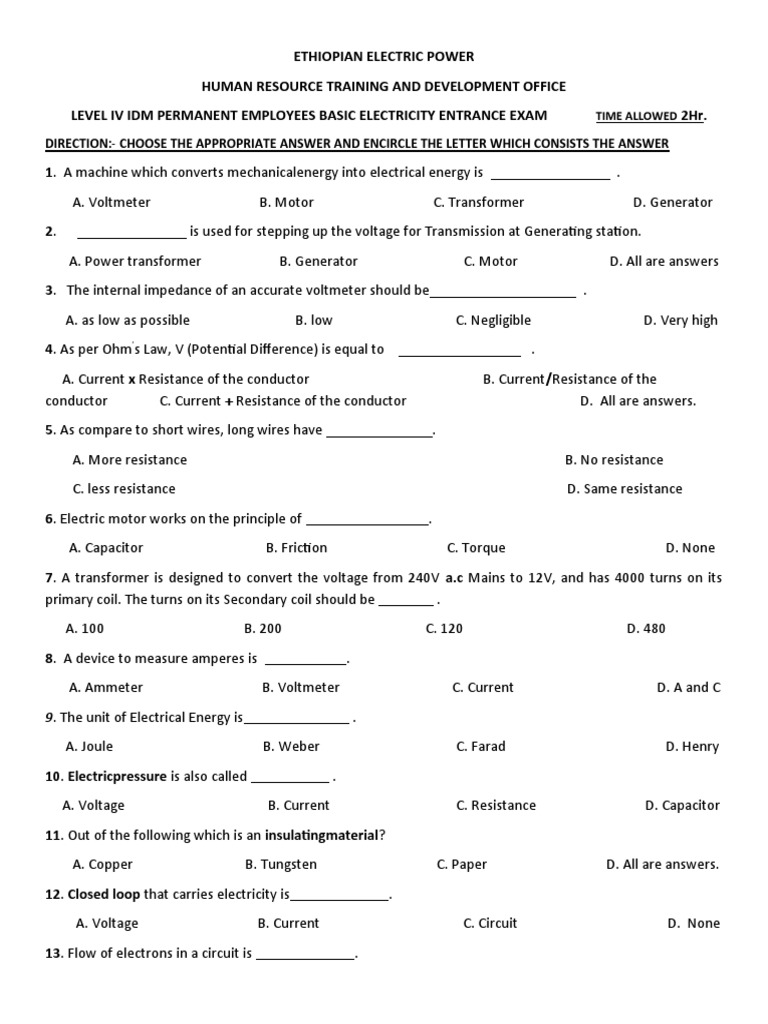 Entrance Exam For Permanent Employees | PDF | Electrical Resistance And ...