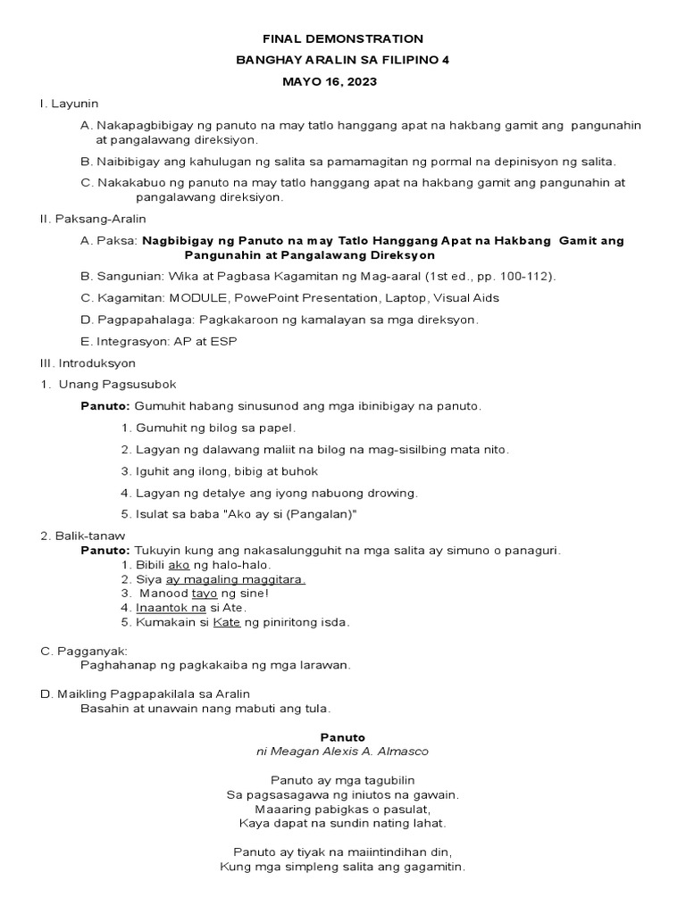 LP 1 - Q4 - Nagbibigay NG Panuto Na May Tatlo Hanggang Apat Na Hakbang ...