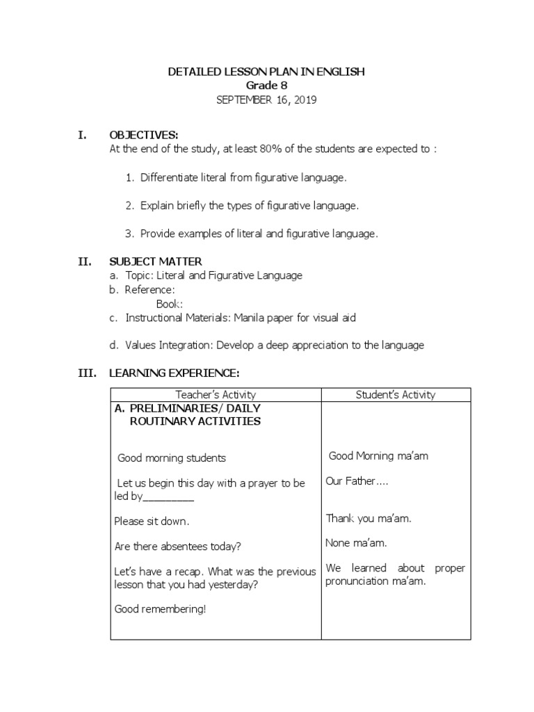 Grade 8 Lesson Plan: Language Types | PDF | Metaphor | Lesson Plan