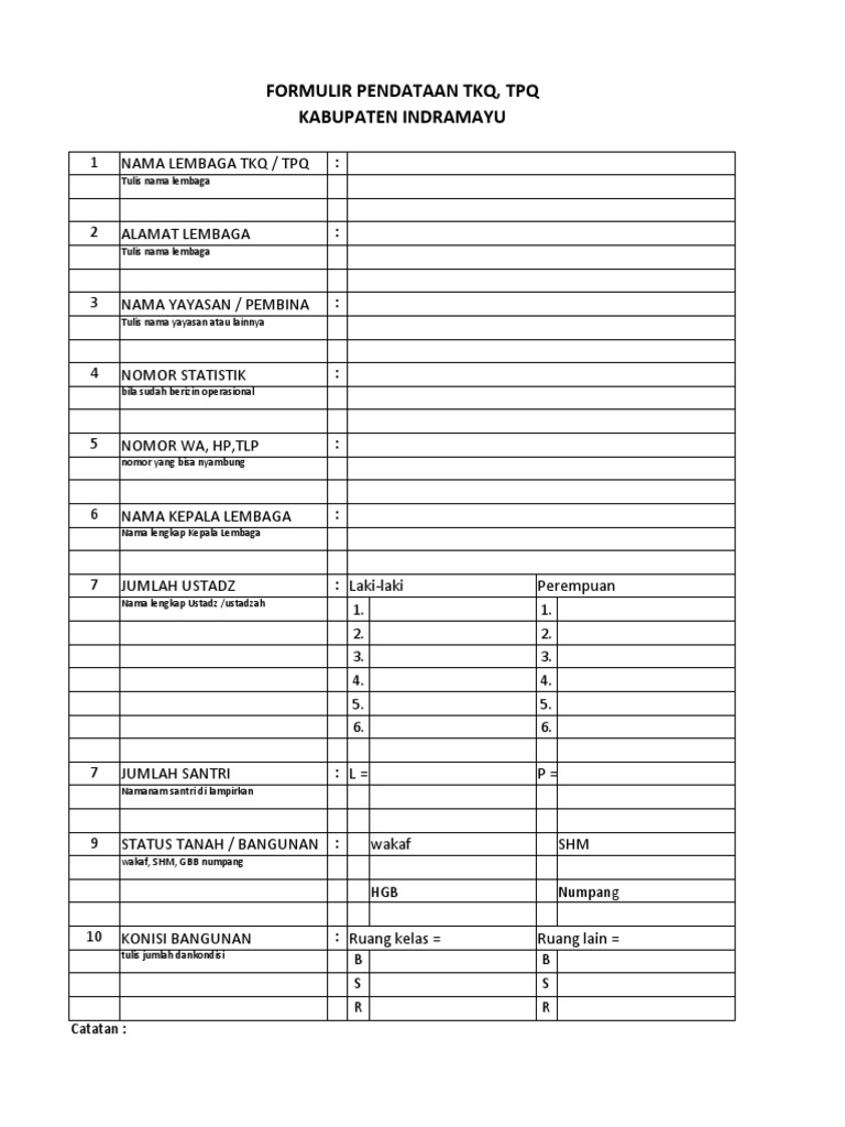 Blanko Pendataan Lembaga TPQ | PDF