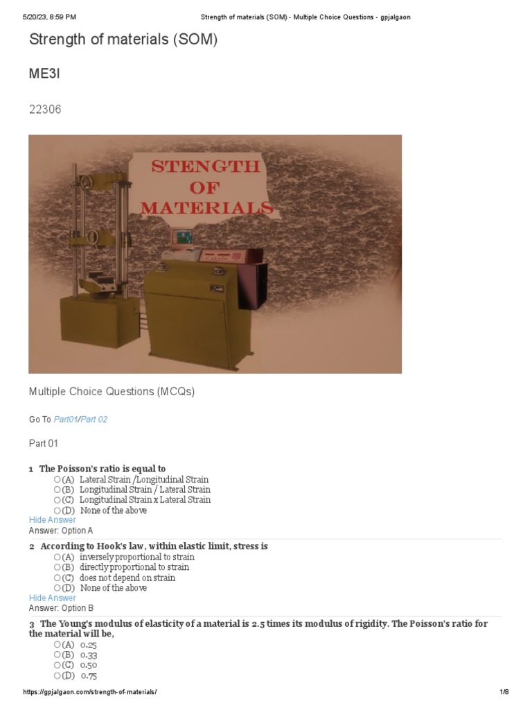 Strength of Materials (Som) : Multiple Choice Questions (MCQS ...