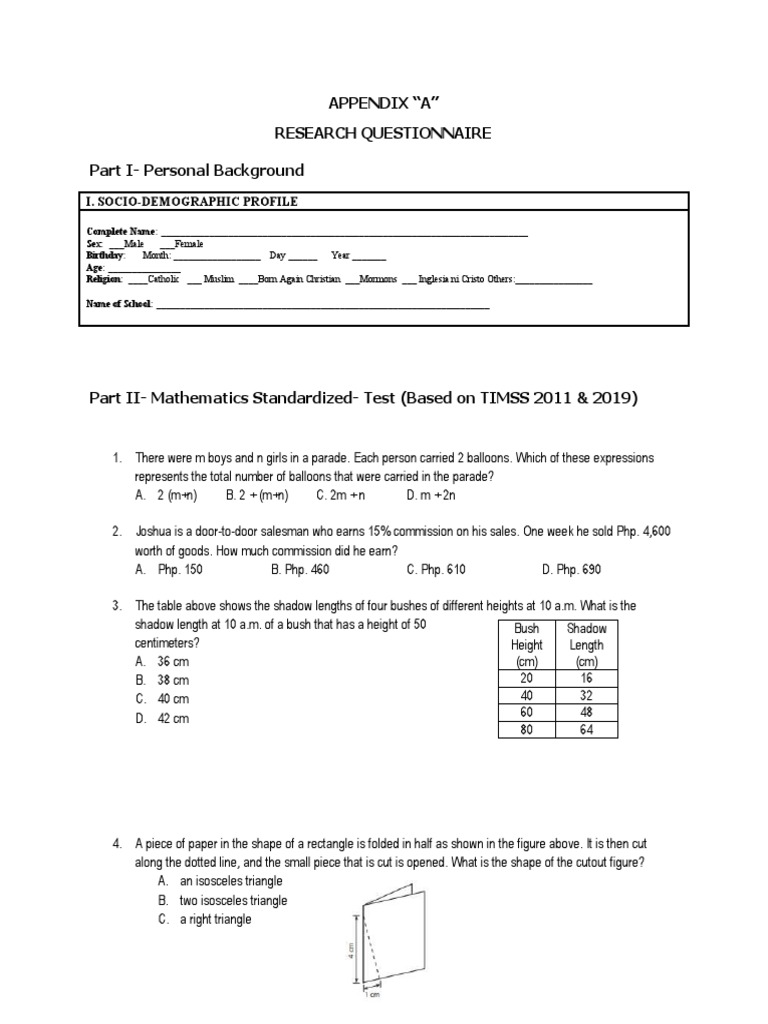 Appendix Questionnaire | Download Free PDF | Area | Mean