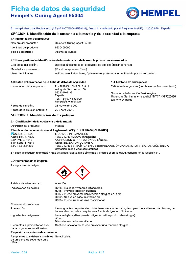 FDS Hempels Curing Agent 95304 | PDF | Agua | Ventilación (Arquitectura)