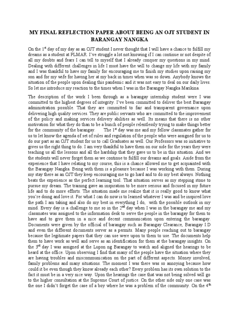 My Final Reflection Paper About Being An Ojt Student in Barangay Nangka 1 | PDF
