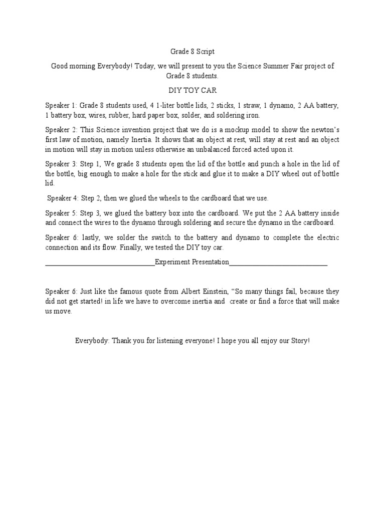 Grade 8 Science Summer Fair Script | PDF